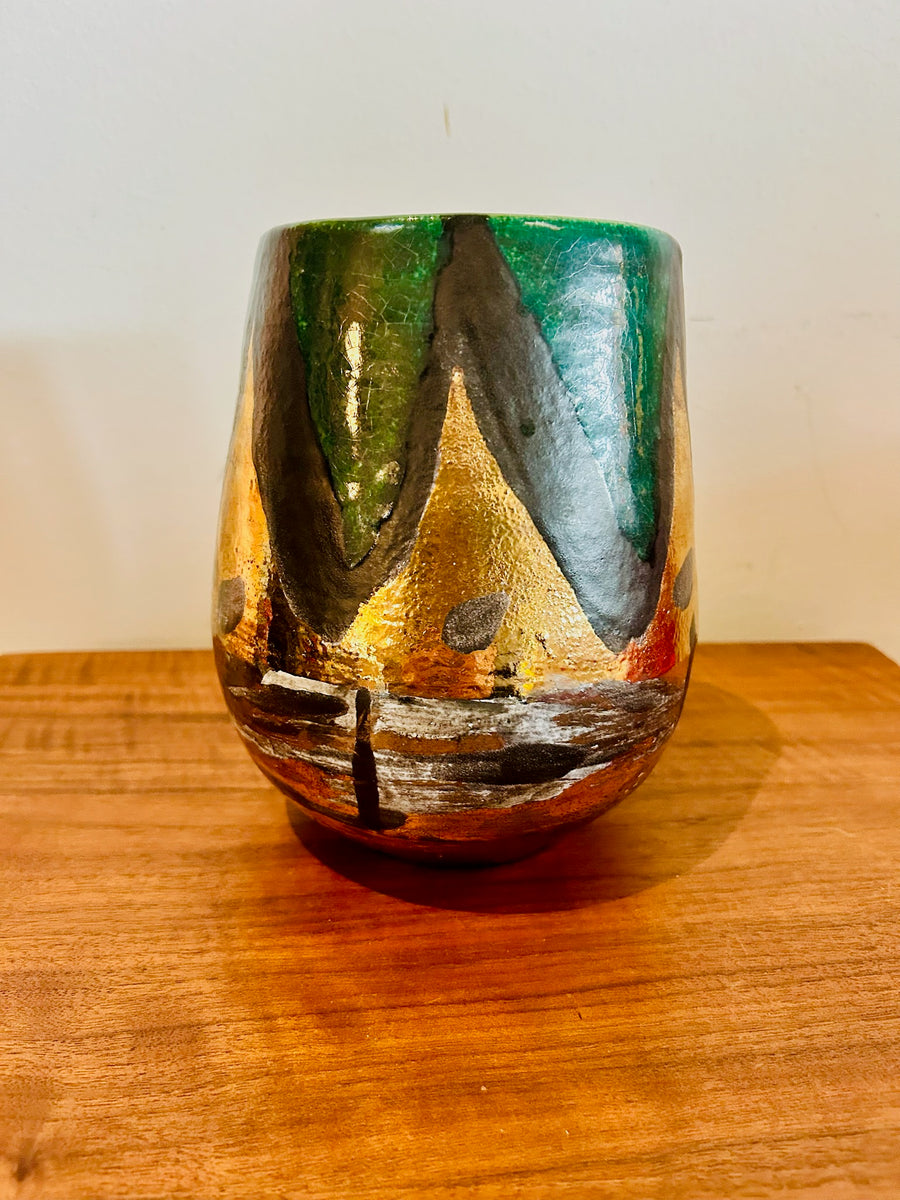 Studio Pottery Belgium Gold, Green, Blue and Brown Volcano Shape Dripw ...