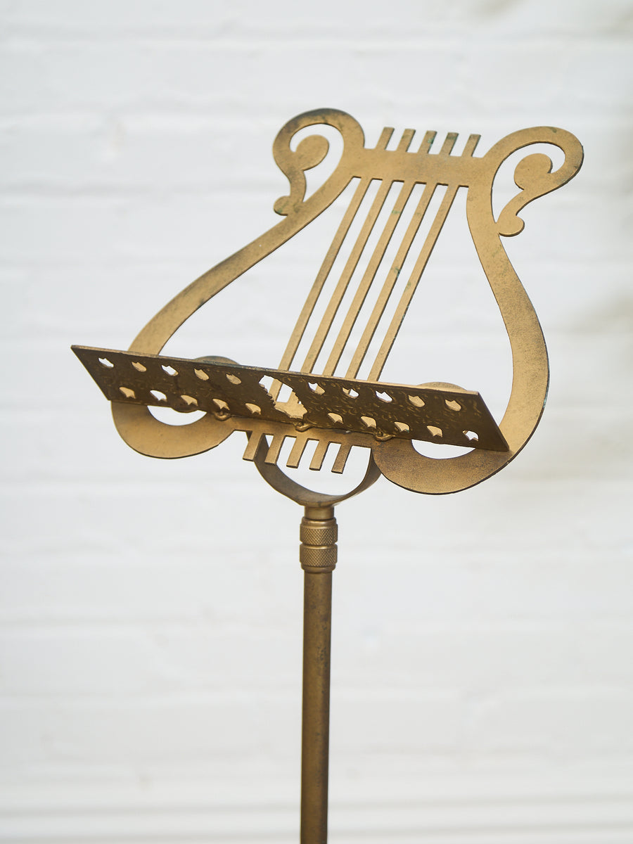 Vintage Brass Music Lectern with Classic Harp Lyre Motif and Ornate Fo ...